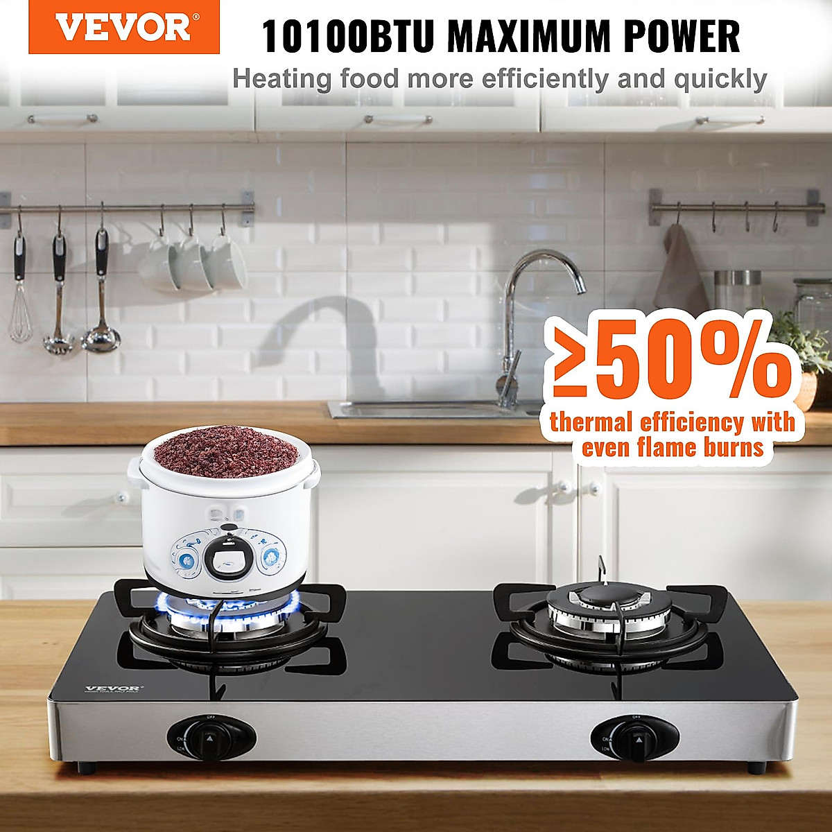 VEVOR Gas Cooktop 28 inch, Max 10100BTU 2 Burners Tempered Glass Countertop Gas Stove Top, Portable Natural Gas Hob with Pulse Electronic Ignition for Outdoor, Kitchen, Camping, RV, Apartment