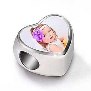 GNOCE Custom Photo Charms for Bracelet 925 Sterling Silver Heart Shaped Personalized Charms Family Memorial for Women