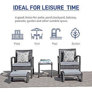 Patiorama 5 Piece Outdoor Patio Wicker Furniture Set, All Weather PE Rattan Chair and Ottoman Footstool Set, W/Coffee Table, Cushions (Light Grey) for Garden, Balcony, Porch, Space Saving Design