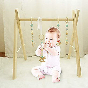 Cynzia Baby Play Gym, Wooden Baby Gym with 4 Infant Toys, Foldable Wood Gyms Frame Hanging Bar for Toddler, Newborn, Baby Girls and Boys Shower Gift Play Toys