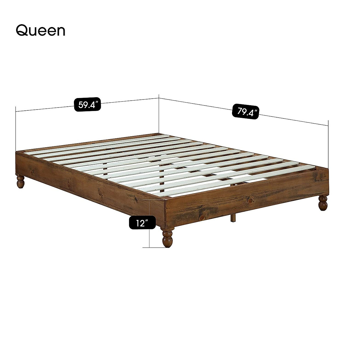 MUSEHOMEINC 12 Inch Solid Wood Bed Frame Rustic Style Eliminates The Need for a Boxspring, Natural Finish, Queen