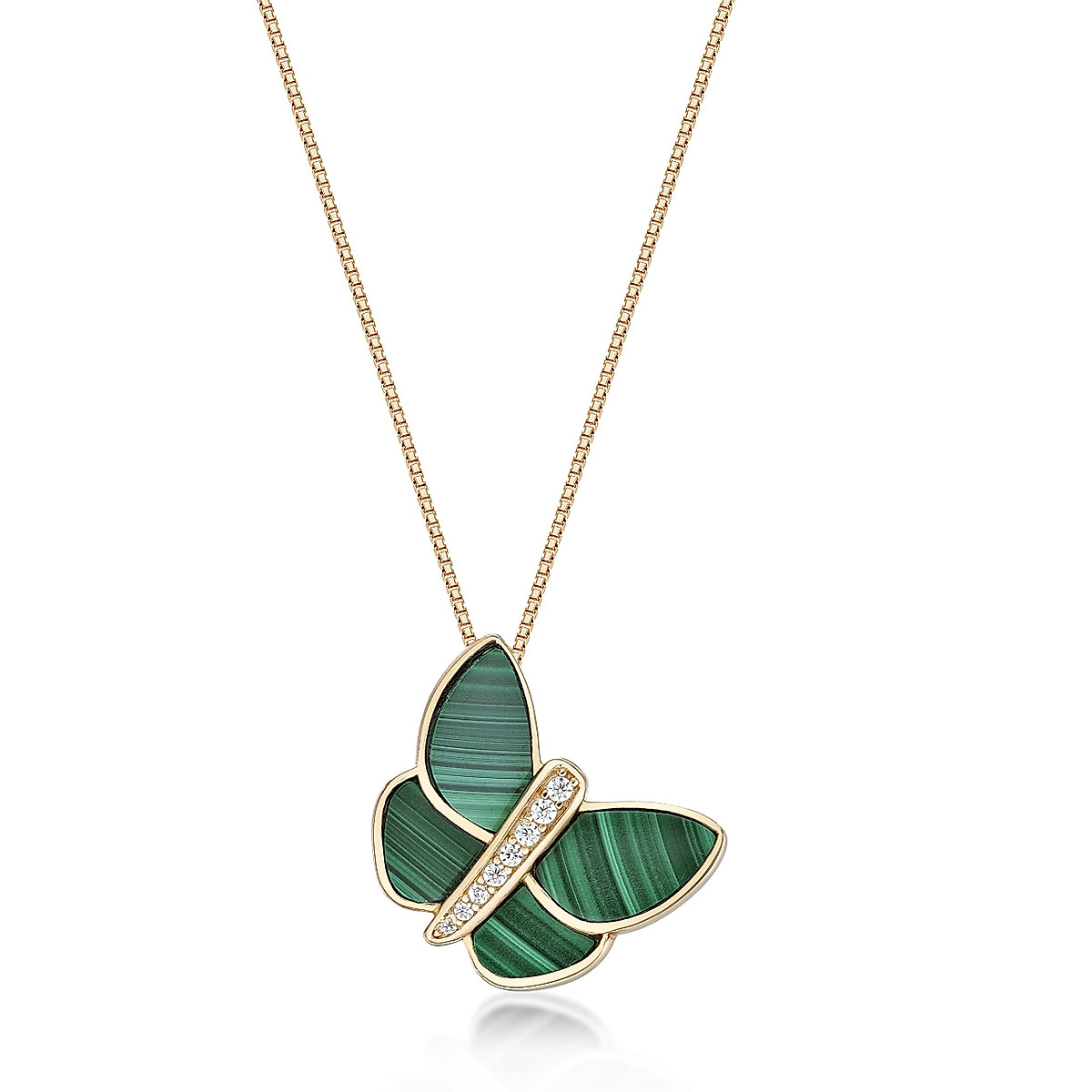 Lavari Jewelers Green Malachite and Cubic Zirconia Butterfly Pendant Necklace in 925 Sterling Silver with Yellow Gold Plating on 18 Inch Chain with Spring Ring