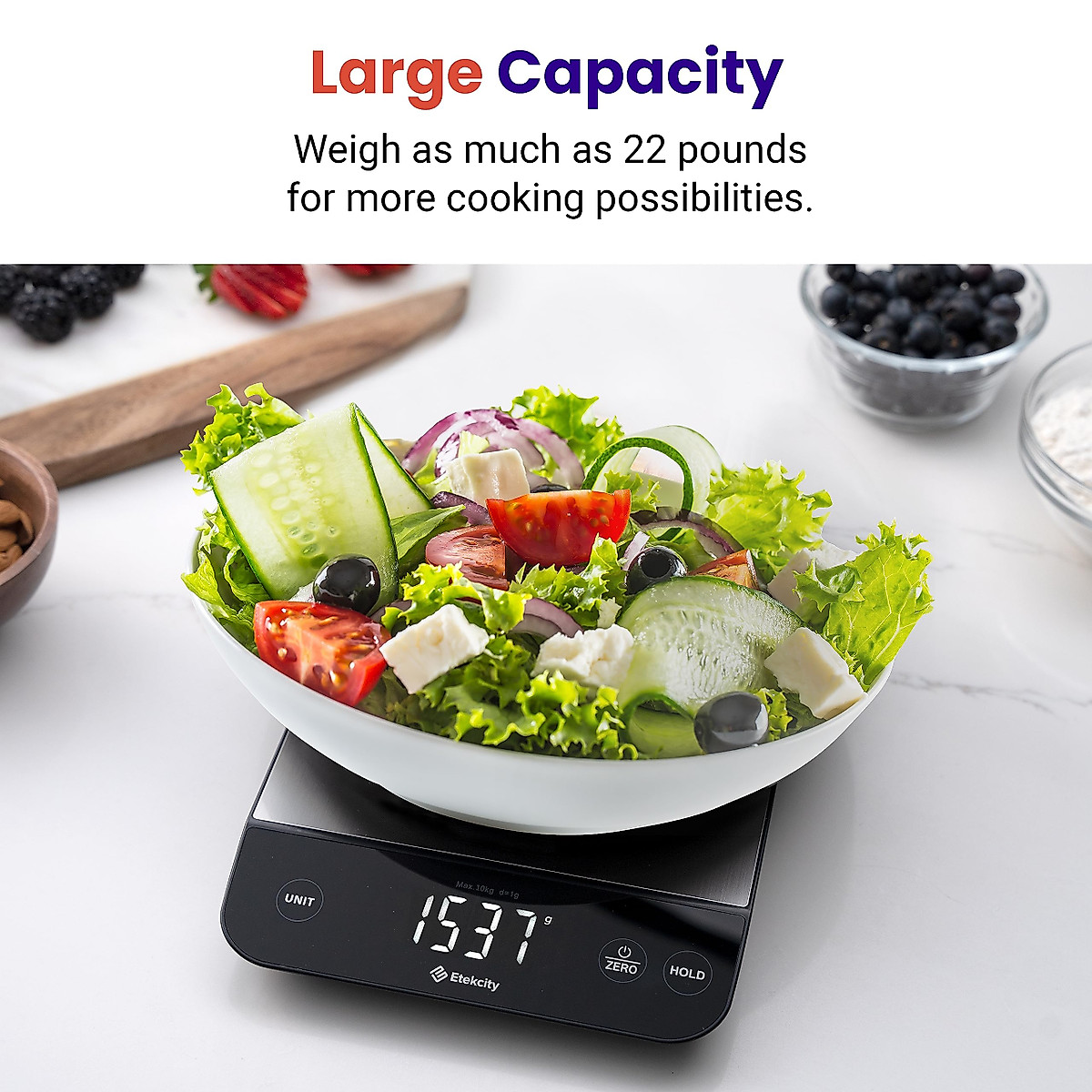 Etekcity Luminary 22lb Food Kitchen Digital Scale for Weight Loss, IPX6 Waterproof, Rechargeable, Ounces and Grams for Cooking Baking, 0.05oz/1g Precise Graduation, 304 Stainless Steel