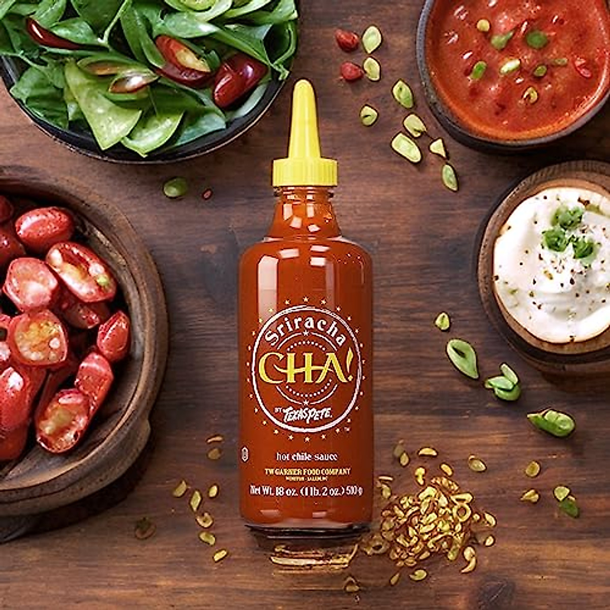 Texas Pete Sriracha Sauce CHA! 18oz with Moofin Golden SS Spoon, A Perfect Sriracha Hot Chili Sauce for all recipes, Our love for Siracha sauce lovers