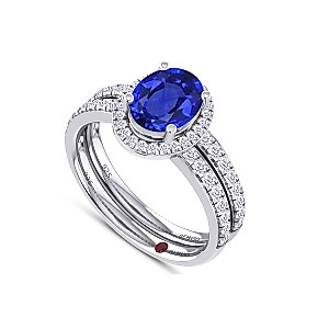 GEMVIO Collection 8X6MM Oval Cut Lab Created Blue Sapphire Gemstone & Natural Diamond Halo Bridal Set Engagement Ring In 14K White Gold Over Sterling Silver Anniversary Wedding Ring (1.40 Cttw)-9