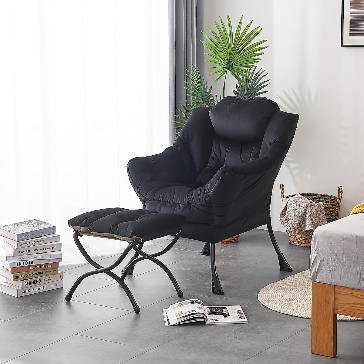 LITA Lazy Chair with Ottoman, Modern Accent Leisure Upholstered Sofa Chair, Contemporary Lounge Reading Chair with Armrests and a Side Pocket for Living Room, Bedroom & Small Space, Black