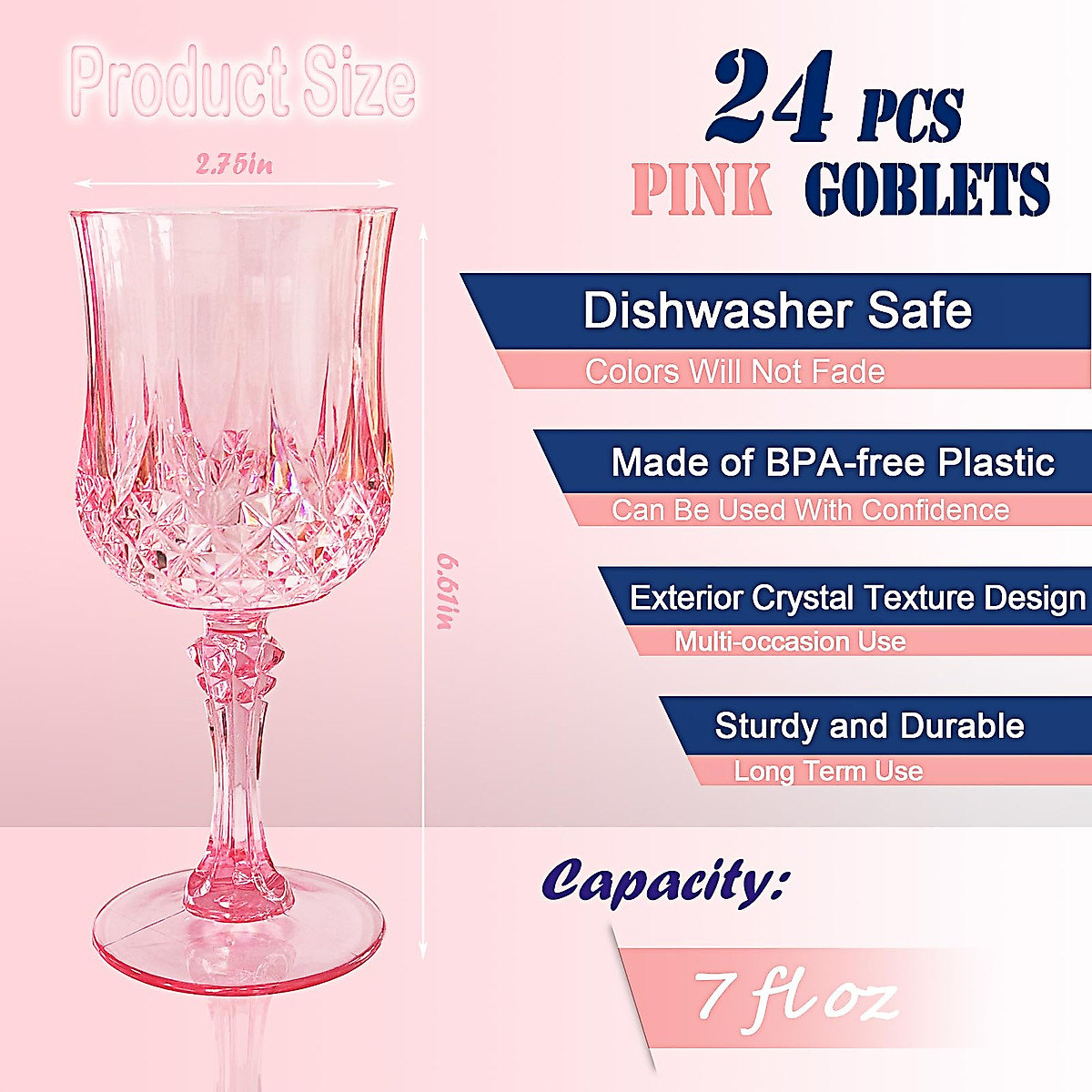 Veiuwa 24 Pcs Plastic Pink Wine Glasses，Plastic Cordial Glasses，Plastic Goblets，Pink Plastic Goblets，Plastic Wine Glasses，Can be Used for Weddings, Everyday Fun Parties and More!