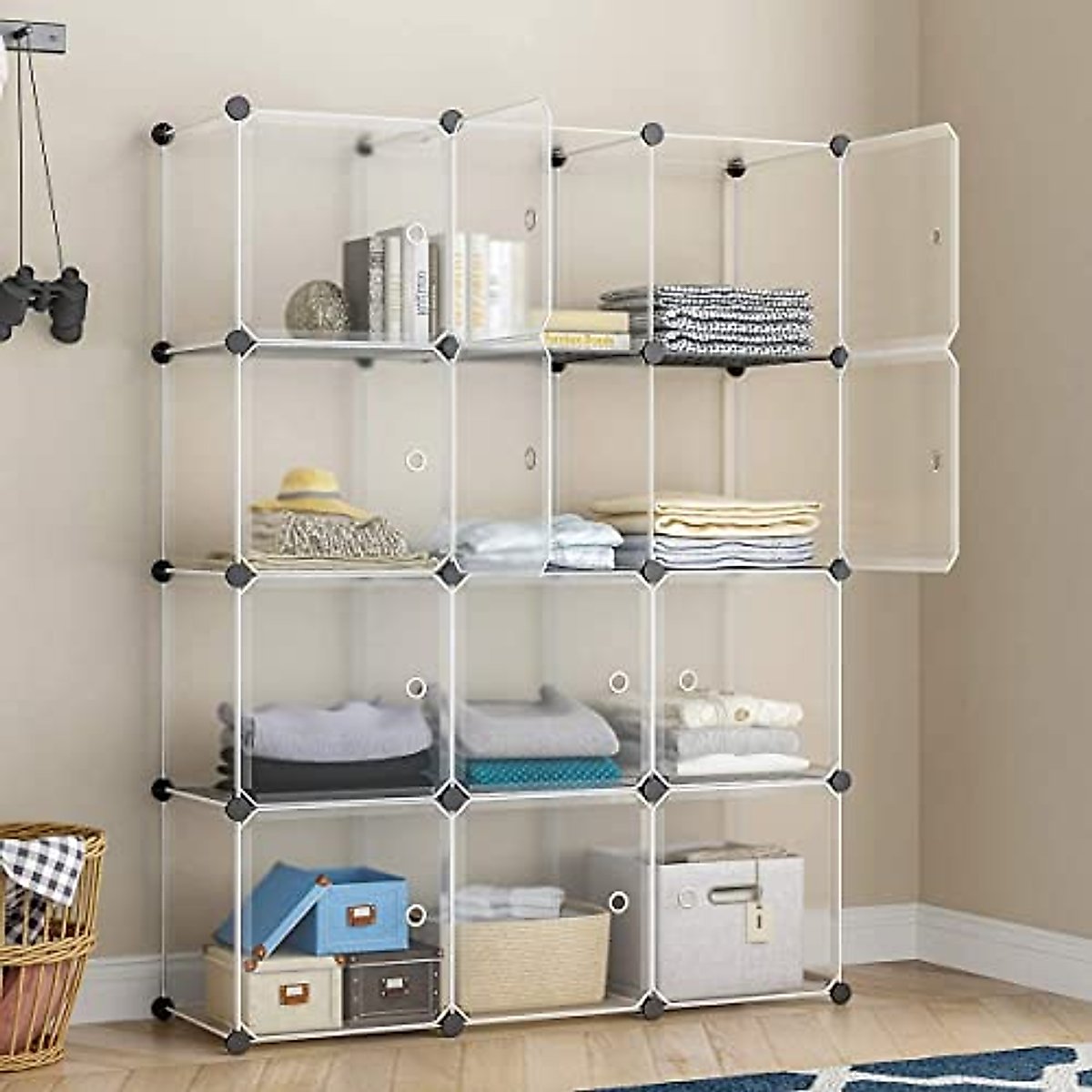 KOUSI Portable Storage Cubes-14 x14 Cube (12 Cube)-More Stable (add Metal Panel) Cube Shelves with Doors, Modular Bookshelf Units，Clothes Storage Shelves，Room Organizer for Cubby Cube