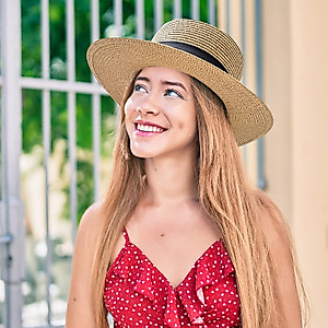 Lanzom UPF50+ Women Wide Brim Straw Panama Sun Hat Boater Summer Beach Sun Hat (Khaki)