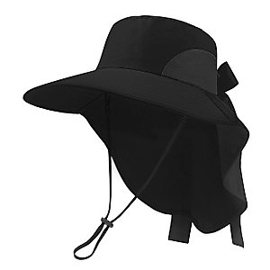 Womens Foldable Flap Cover UPF 52+ UV Protective Wide Brim Bucket Sun Hat Black