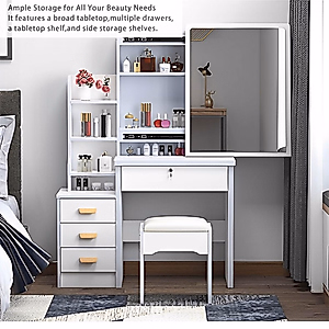 RIDFY Makeup Vanity with Mirror and Lights,Modern Bedroom Makeup Table Set with Upholstered Stool,Vanity Desk with 4 Drawers & Shelves,3 Color Lighting Brightness Adjustable,White (4 Drawers)