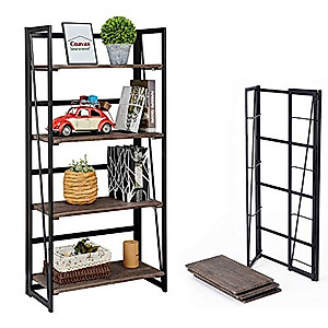 Coavas Folding Bookshelf Home Office Industrial Bookcase No Assembly Storage Shelves Vintage 4 Tiers Flower Stand Rustic Metal Book Rack Organizer, 23.6 X 11.8 X 49.4 Inches
