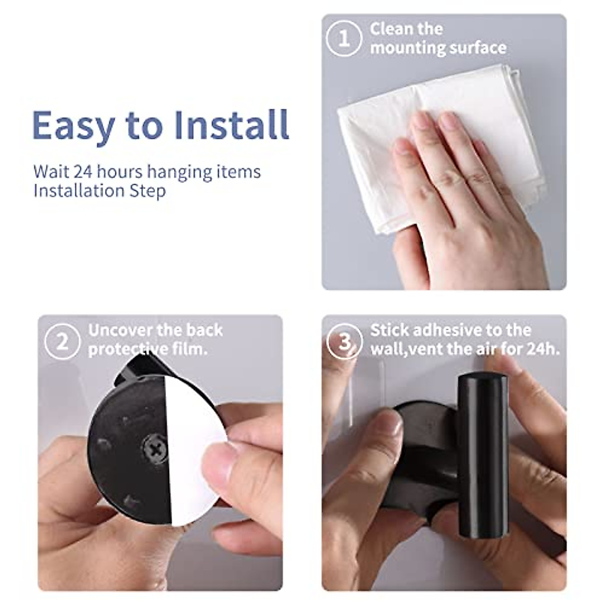 TOPHOME Bathroom Towel Hooks Stainless Steel Wall Hook Adhesive Hooks Coat/Robe Clothes Hooks for Bedroom,Kitchen,Restroom,Bathroom,Wall Mounted-2pcs (Black)