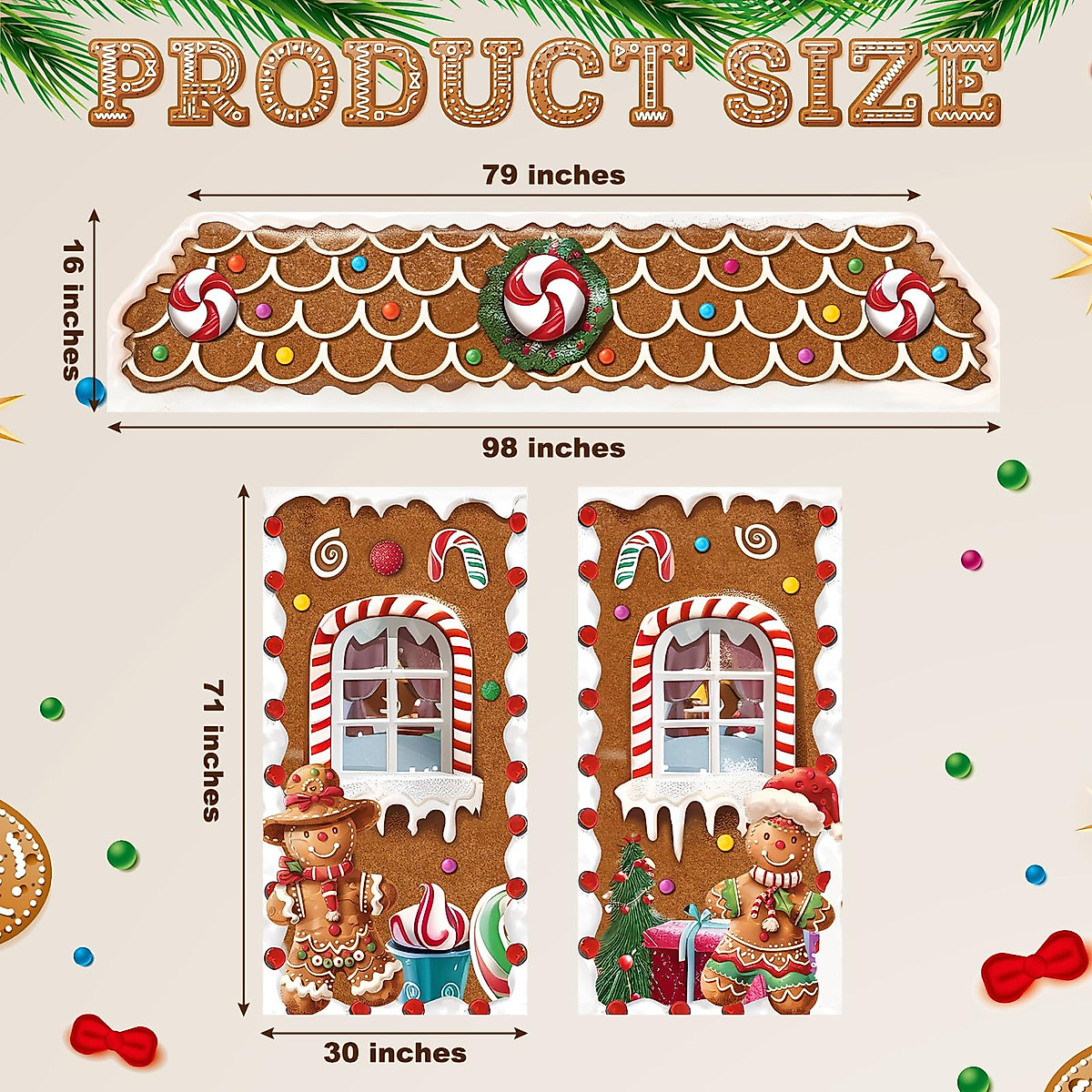 HunnmingRe 3 Pcs Christmas Gingerbread House Backdrop Gingerbread Door Covers Decorations Christmas Candy Door Banners for Xmas Holiday Party Photography Photo Background Decor