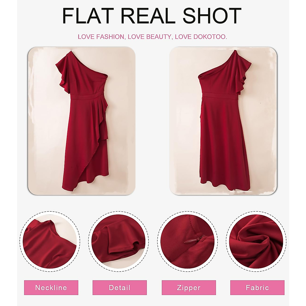 Dokotoo One Shoulder Dresses for Women Elegant Ruffle Empire Waist Asymmetrical Hi-Lo Hem Solid Zipper Up Bodycon Party Wedding Guest Midi Semi Formal Dresses Red X-Large