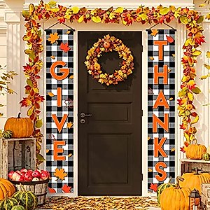 Thanksgiving Decorations Give Thanks Porch Banner Thanksgiving Buffalo Plaid Door Hanging Banner with Maple Leaf Autumn Harvest Party Backdrop for Indoor Outdoor Farmhouse Wall Door Decor