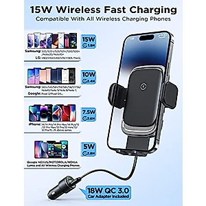 Wireless Car Charger Mount, 15W Full Auto-Clamping Fast Charging Air Vent Dash Windshield Phone Car Holder for iPhone 14 Pro/13 Pro/ 12/11/Xr/8, Samsung S23/S22/S21/Note 20(with QC 3.0 Car Charger)