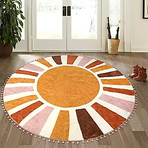 LIVEBOX Retro Sun Round Rug 5.2ft, for Entryway, Non-Slip Cute Colorful Kids Circle Boho Carpet for Bedroom,Nursery Washable Throw Area Rug for Living Room Office