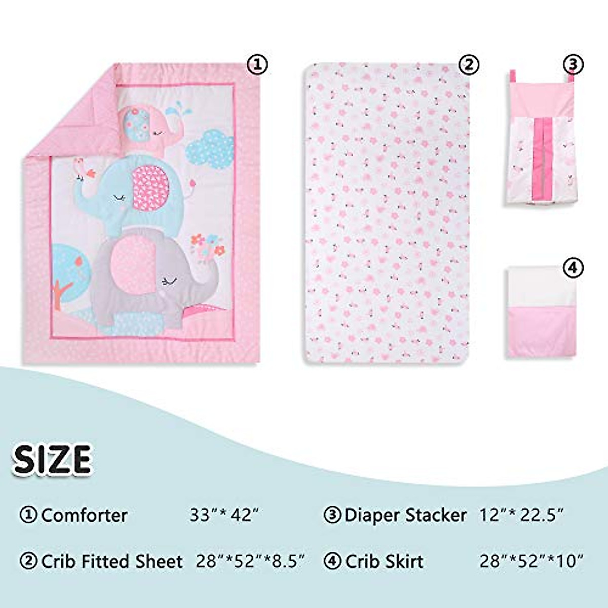 Honkaii Elephant Crib Bedding Set 4Pcs for Girls with Comforter Fitted Sheet Crib Skirt Diaper Stacker, Machine Washable, Suitable for 28 x 52 Inch Cribs, Lovely Nursery Crib Sets for Baby(Pink)