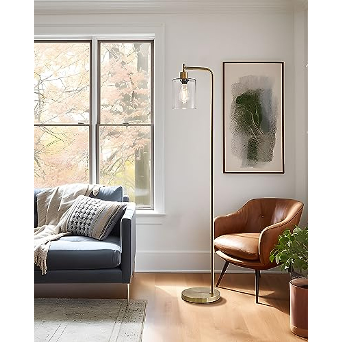 Oneach 66.5 '' Industrial Floor Lamp for Living Room Modern Standing Lamps with Hanging Clear Glass Shade Reading Tall Pole Lamp for Bedroom Office Study Room AB Antique Brass（Bulb Included）