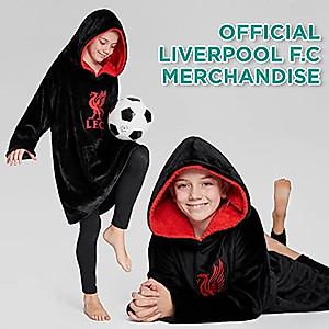 Liverpool FC Fleece Hoodie Blanket for Boys Teenagers One Size Kids Oversized Hoodie Liverpool Gifts for Boys (Black)