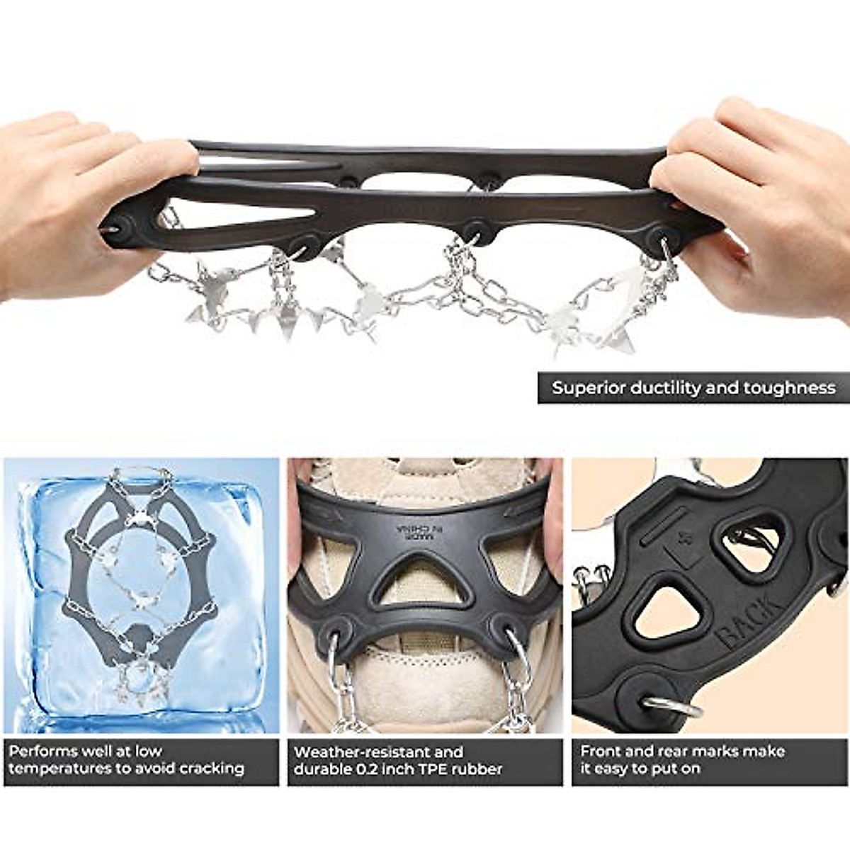 Crampons Ice Cleats, Sportneer Snow Cleats for Shoes and Boots Ice Shoes Grippers with 19 Stainless Steel Spikes Crampons for Hiking Boots Women Men Hiking Fishing Walking