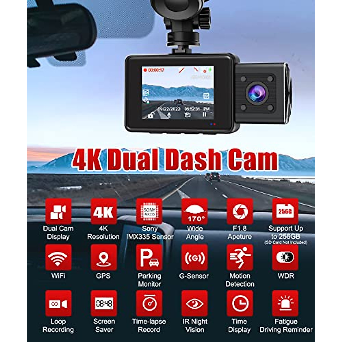 LAMONKE 4K Dash Cam with GPS, Front and Inside Dual 4K/1080P Dash Camera for Cars, Dashcam with WiFi, IR Night Vision Car Camera, 24/7 Recording Parking Mode, G-Sensor, WDR, 256GB Supported