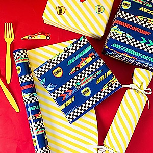 WRAPAHOLIC Reversible Wrapping Paper - Mini Roll - 17 Inch X 33 Feet - Racing Cars and Yellow Stripes Design Design for Birthday, Holiday, Baby Shower