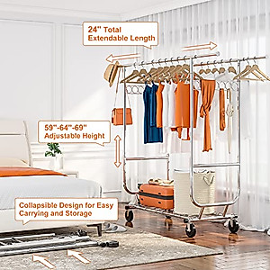 Raybee Clothes Rack Heavy Duty Clothing Rack Loads 600LBS, Clothing Racks for Hanging Clothes, Rolling Clothes Rack with Wheels Garment Rack, Collapsible ＆ Portable Clothing Rack, 76"W x 22"D x 69"H