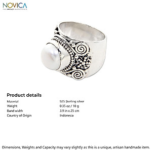 NOVICA Artisan Handmade Cultured Pearl Flower Ring Sterling Silver Cocktail White Indonesia Birthstone [crownbezel 0.5 in L x 0.5 in W x 0.3 in H Band Width 10 mm W] ' White Frangipani'