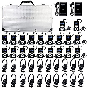 Retekess T130 Wireless Tour Guide System,Tour Guide Headsets with Full Ear Headphone,32-Slot Charging Case, Assistive Listening Devices for Factory, Manufacturing (2 Transmitters 20 Receivers