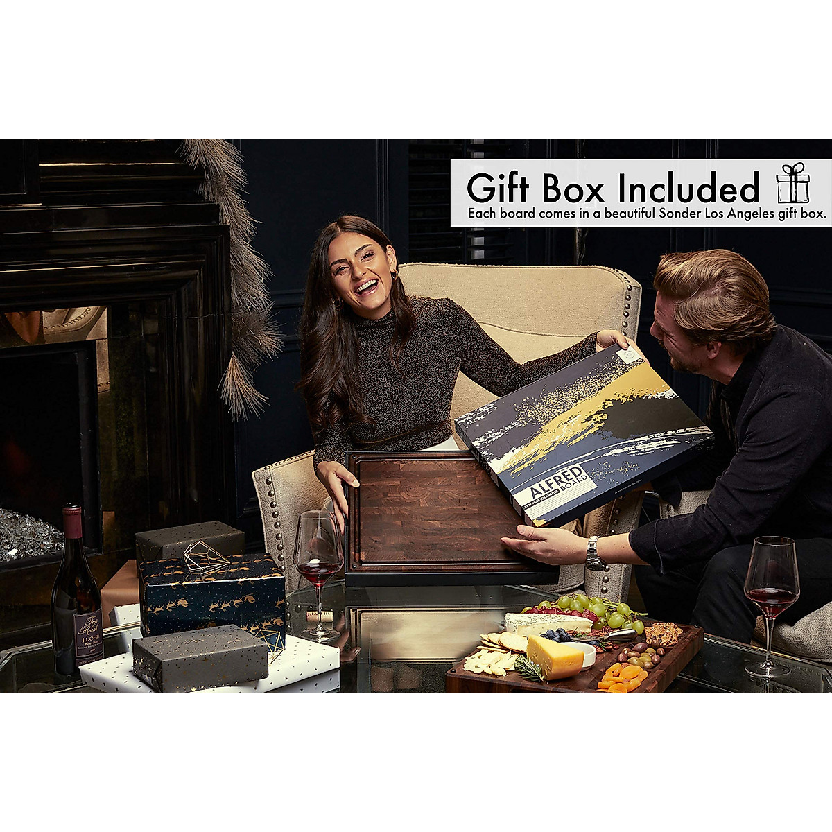 Sonder Los Angeles, Made in USA, Large Thick End Grain Walnut Wood Cutting Board with Non-Slip Feet, Juice Groove, Sorting Compartments for Kitchen 17x13x1.5 in (Gift Box Included)