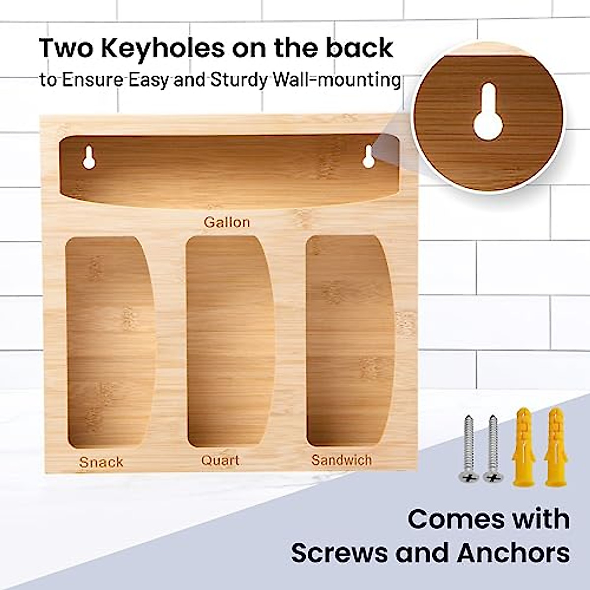 Bamboo Ziplock Bag Storage Organizer for Drawer and Wall-Mount; Gallon, Quart, Sandwich and Snack Plastic Bag Organizer; 4 Compartment Kitchen Drawer Organization and Storage for Baggies