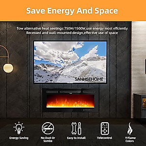 SANHSEHOME 60 Inch Electric Fireplace Inserts Wall Fireplace Electric with Remote Control Electric Fireplace Wall Mounted Recessed with Fake Log & Crystal 1-8h Timer 750W/1500W, 9 Flame Colors 5.7" W