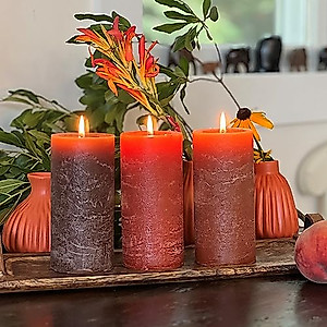3 Piece Pillar Candle Set, Paraffin Wax, 68 Hours Burn Time, Cotton Wick, Shades of Marbled Amber, Rustic Brown and Dark Brown