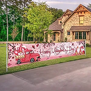 Large Happy Valentines Day Banner Outdoor Decorations 120" x 20" Valentine's Yard Sign Pink Flowers Hearts Love Truck Cute Gnomes Trees Balloons Holiday Party Supplies Valentine Backdrop Home Decor with Brass Grommets for Garden House Fence Garage Indoor