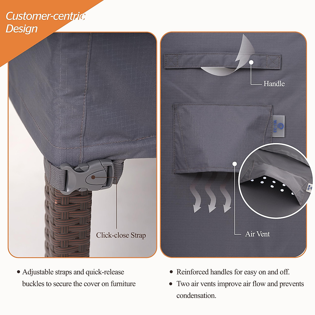 WJ-X3 Large Grey Patio Furniture Cover,108W x 84D x 31H Inch - Waterproof, UV & Wind-Resistant, Anti-Fade, Perfect for Outdoor Table & Chair Sets