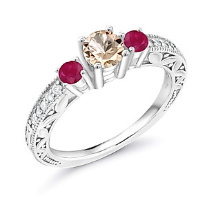 Gem Stone King 925 Sterling Silver Round Peach Morganite and Red Ruby Engagement Ring For Women (0.84 Cttw, Gemstone Birthstone, Available In Size 5, 6, 7, 8, 9)