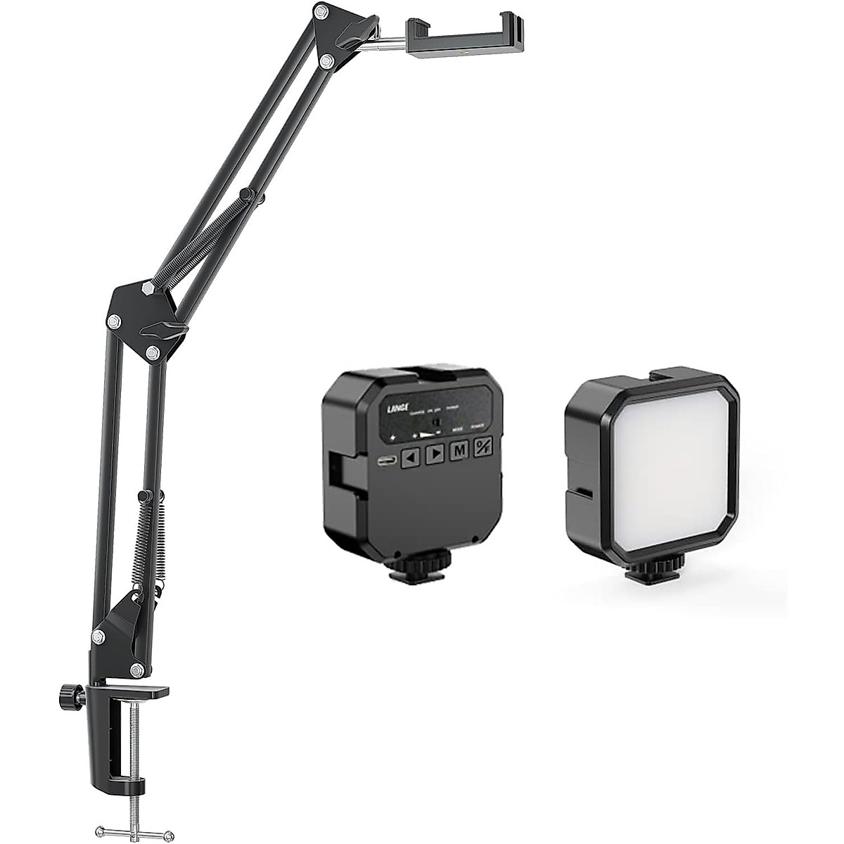 Overhead Phone Mount, Articulating Arm Cell Phone Holder with LED Light, Flexible Phone Stand for Live Streaming, Video Recording, Painting Lighting, Cooking