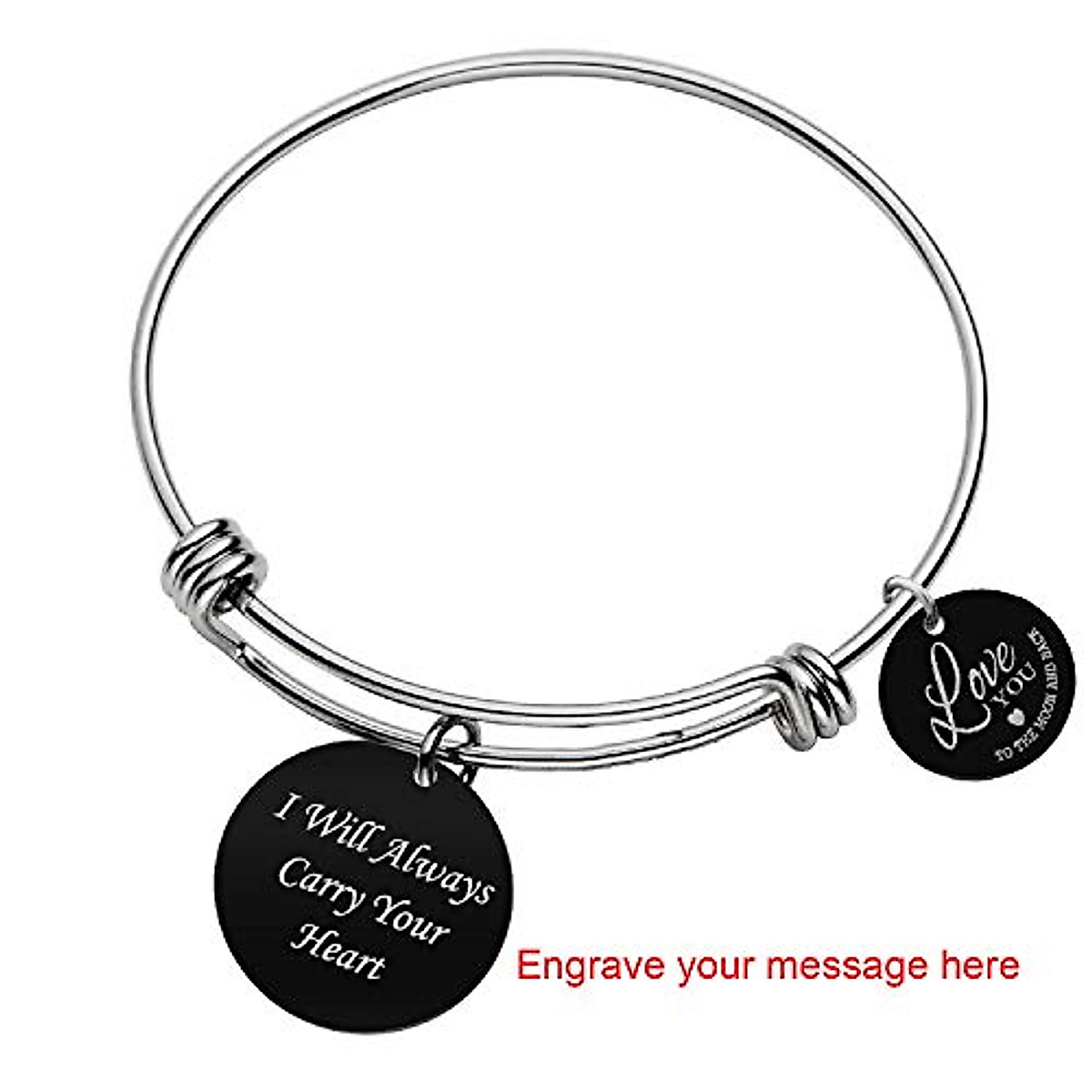 Qina C Love You to the Moon & Back Personalized Photo Engraving Charm Pendant Bangle Expandable Wire Bracelet Christmas Sweet 16 New Year Valentines Gift