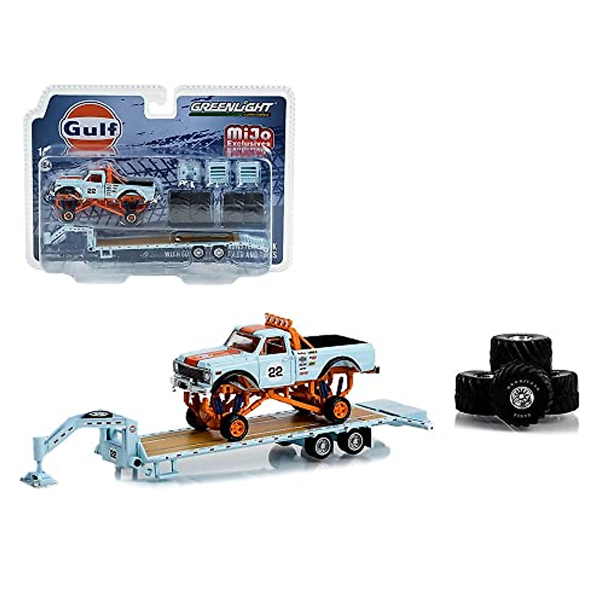 1:64 Scale Diecast Model Collectibles for 1972 Chevrolet K-10 Monster Truck with Gooseneck Trailer & Tires Gulf Racing by Greenlight 51432