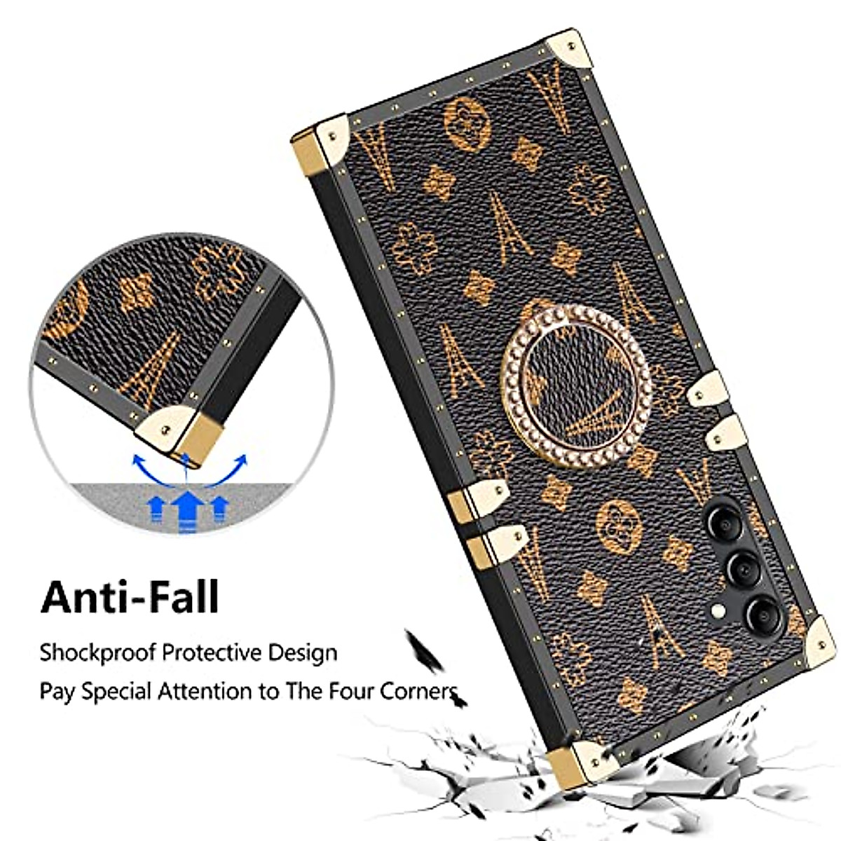 WOLLONY for Samsung Galaxy A14 5G Luxury Leather Case with Ring Stand Metal Edge Drop Protection Classic Square Case Soft TPU Slim Retro Cover for Women Girls Designed for Galaxy A14 5G Brown