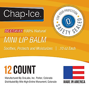 Chap-Ice® | 12-Count Mini Beeswax Peppermint Lip Balm | Lip Balm Pack Fortified with Coconut Oil for Dry, Cracked Lips | Made in USA | 12-Count Mini Lip Balm with Peppermint Flavor (0.10oz/3g Each)