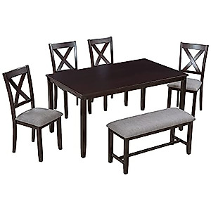 OYN 6-Piece Kitchen Room Sets, Wooden Rectangular Table with 4 Cushion Dining Chairs and Padded Bench,Espresso
