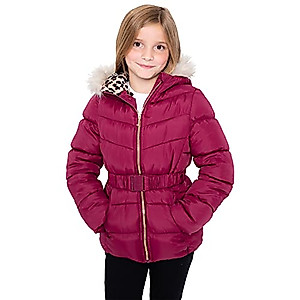 Juicy Couture Girl's Long Fur Hooded Belted Heavy Weight Parka Puffer Jacket, Warm Padded Winter Coats for Girls, Wine Red/M