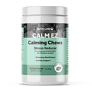 Nutriline Labs Calm EZ Calming Dog Chews - Calming Chews for Dogs with Chamomile, Melatonin & Ginger - Help Aid Stress Relief During Travel, Grooming, or Separation - Beef Flavor, USA Made, 60 Count