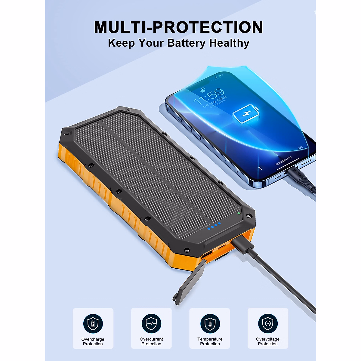 Solar-Power-Bank-Portable-Charger-42800mAh Solar Phone Charger with 4 USB Ports/LED Flashlight Fast Charge USB C External Backup Battery Pack Compatible with iPhone Tablet, for Outdoor, Camping