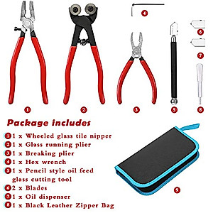 8 Pieces Glass Mosaic Cutter Kits, Including Wheeled Glass Tile Nipper, Glass Running Plier, Breaking Plier, Hex Wrench and Pencil Style Oil Feed Glass Cutting Tool, 2 Blades and Oil Dispenser