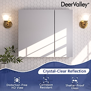 Deer Valley Medicine Cabinet with Mirror, 26 x 30 Inch Double Doors Bathroom Mirror Medicine Cabinet with Adjustable Glass Shelves, Frameless Surface Mount Wall Cabinet, Beveled Edge
