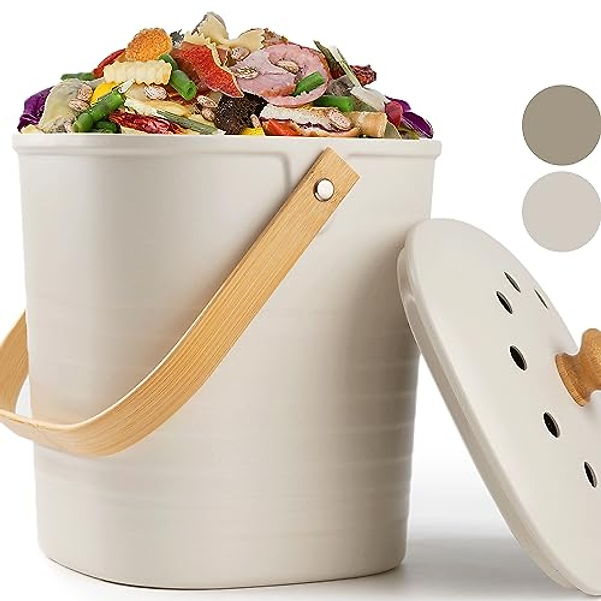 Yatmung Compost Bin Kitchen, Countertop Compost Bin, Compost Bucket Made of Bamboo Fiber, Small Compost Bin with Charcoal Filter, Cream